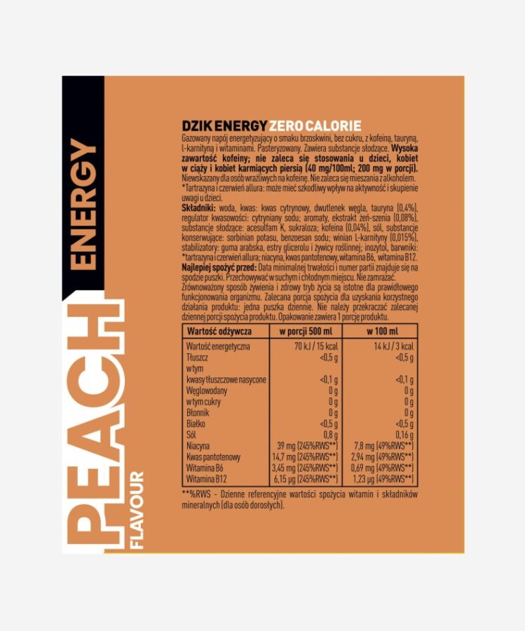 DZIK® ENERGY PEACH ZERO KALORII 500 ML – LaboratoriumSupli.pl